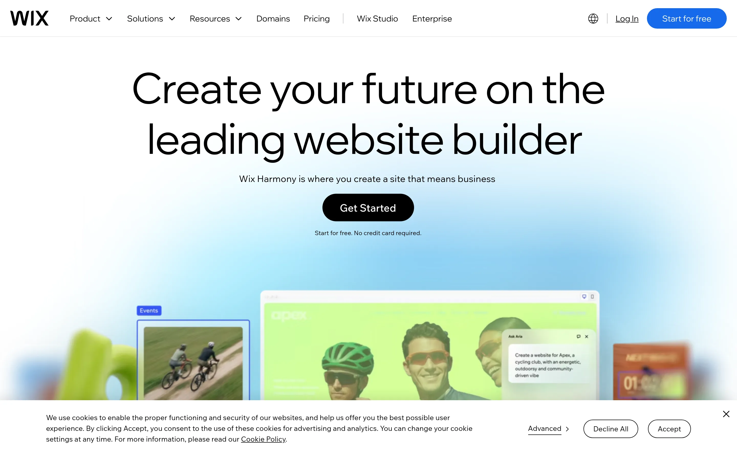 Wix's homepage, leading with its AI builder — the widest all-in-one feature set in the category