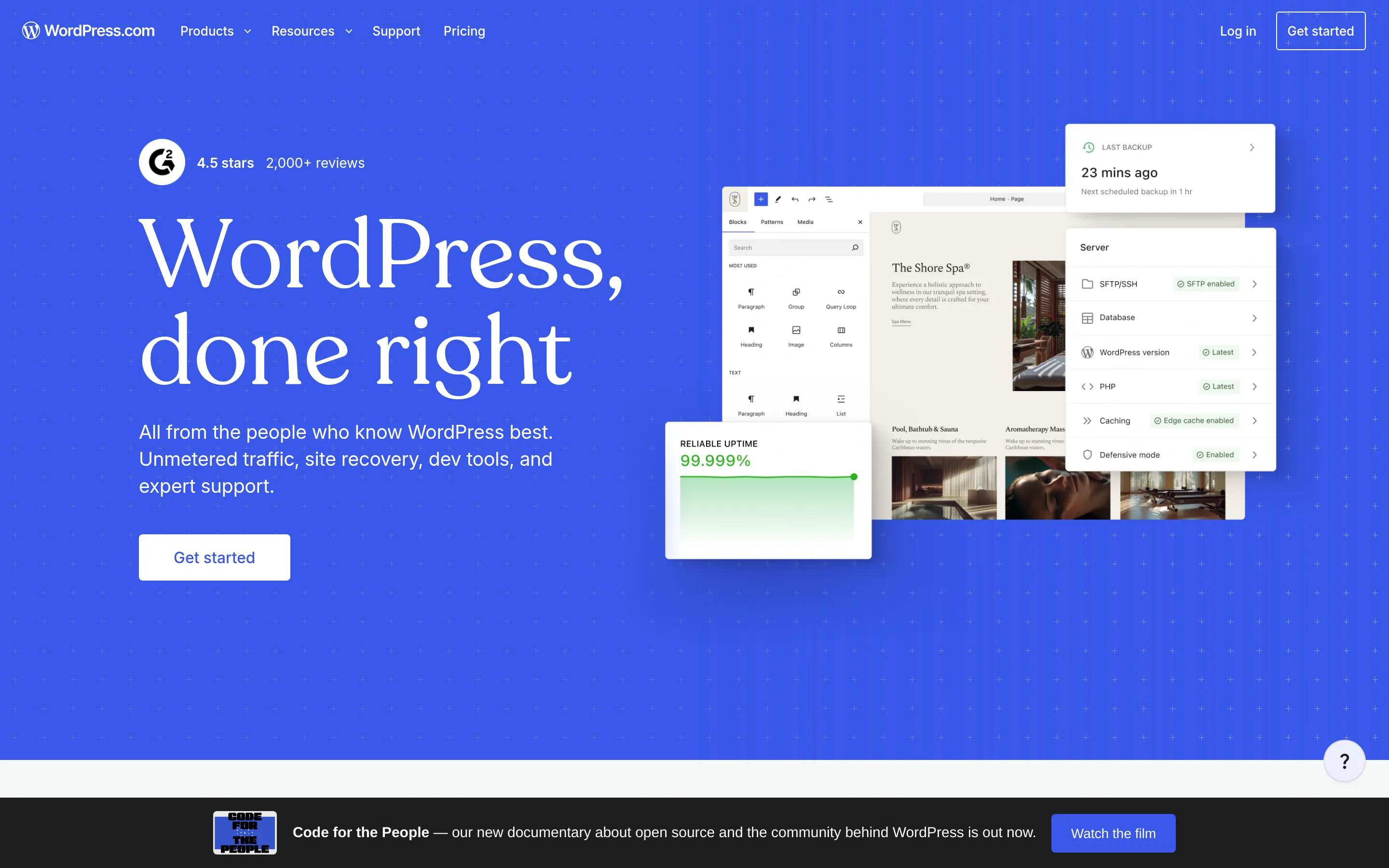 WordPress.com's homepage — the managed face of the open-source software that still runs roughly 41.9% of the web