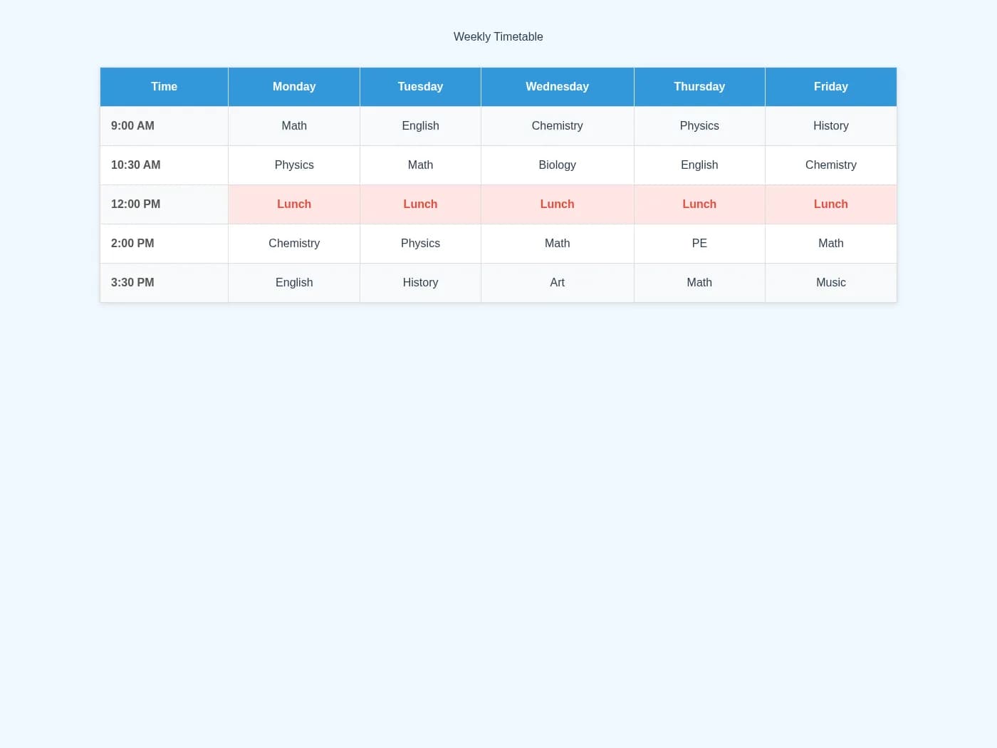 10-Line No-CSS Styled Timetable Generator