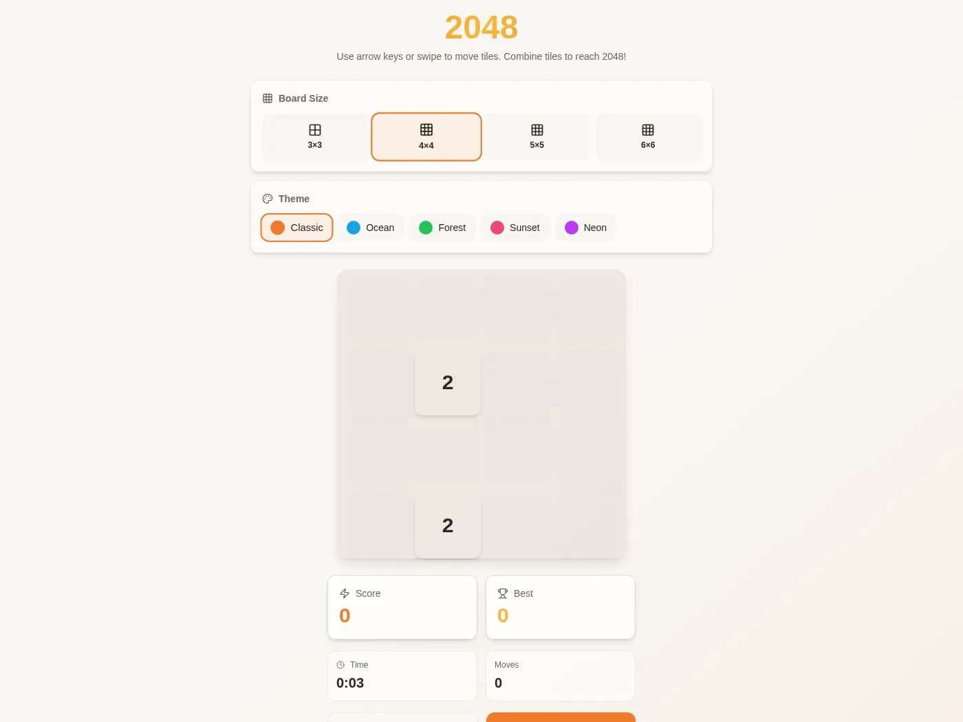2048 Puzzle Game with Custom Boards and Themes
