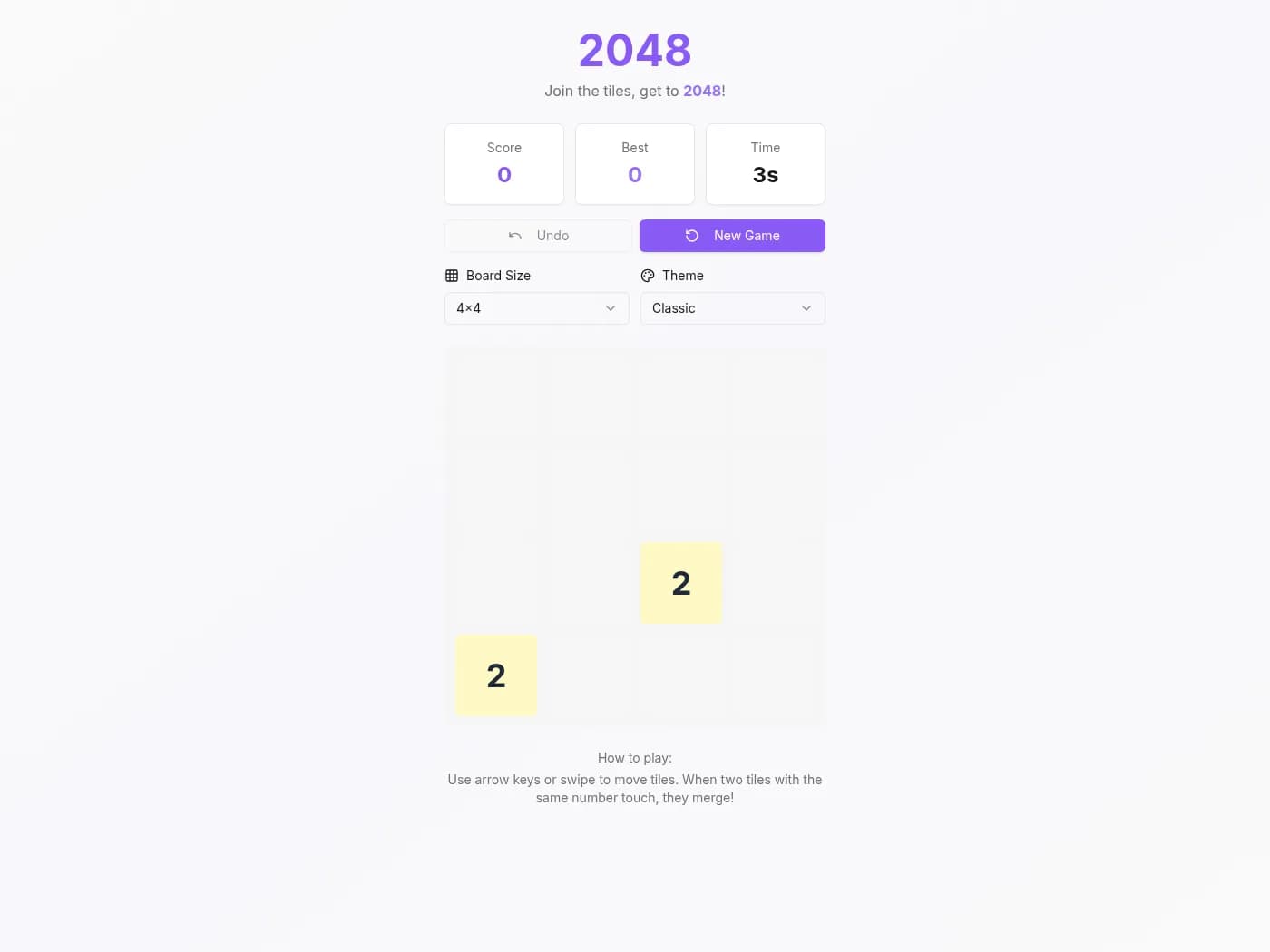 2048 Puzzle Game with Custom Boards, Undo, and Themes