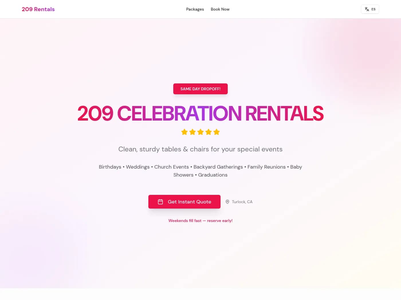 209 Celebration Rentals Website - Instant Table & Chair Reservations