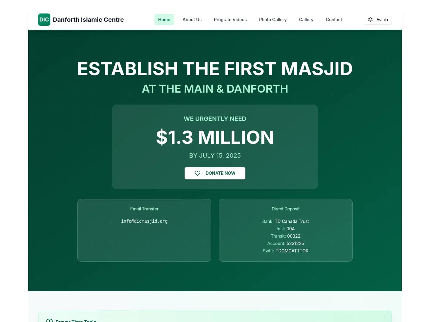 Danforth Islamic Centre Website Redesign with Admin Panel