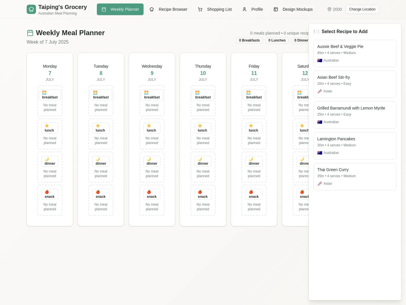 Taiping's Grocery - Australian Meal Planning Platform