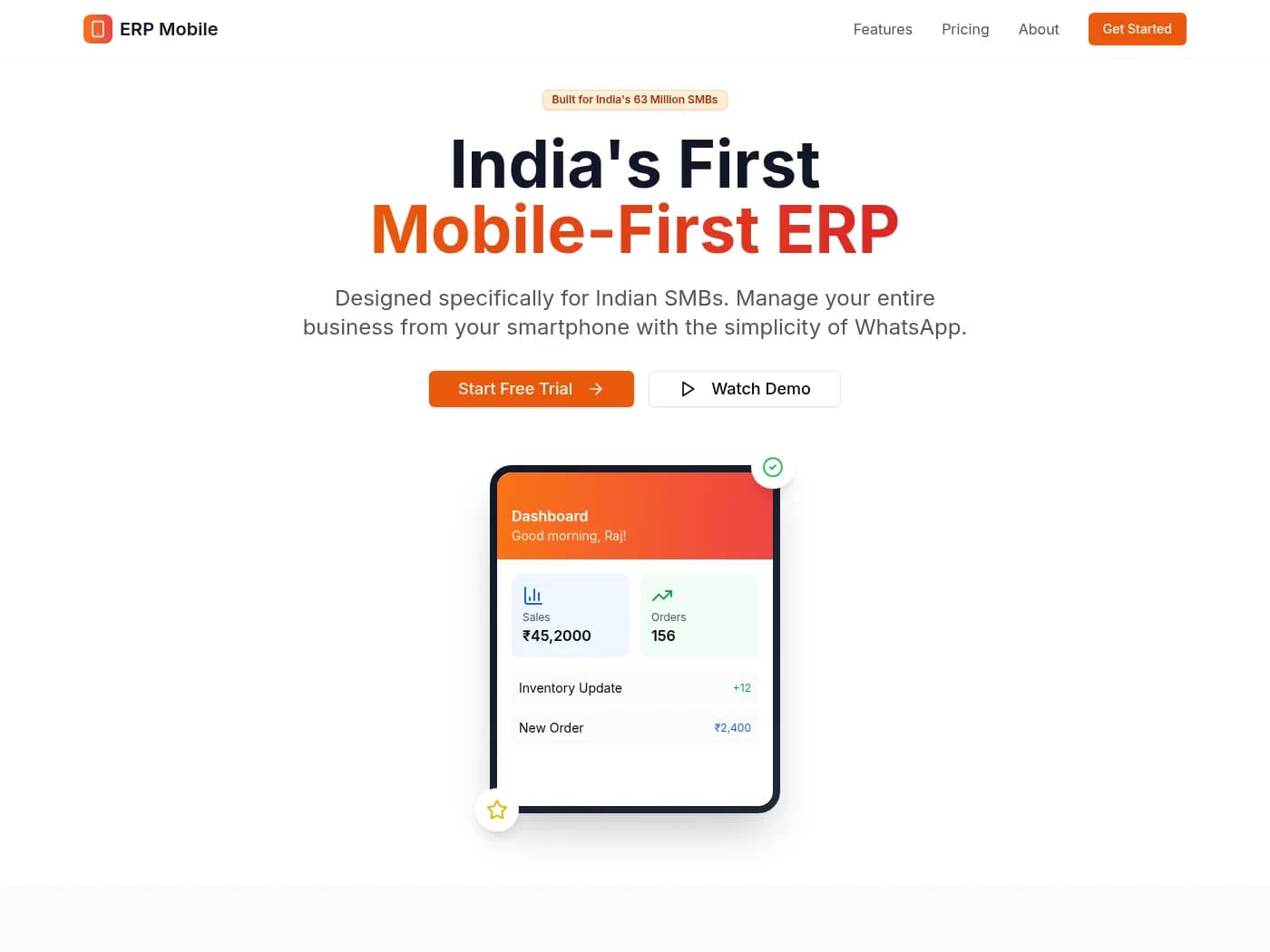 India's Mobile First ERP Landing Page