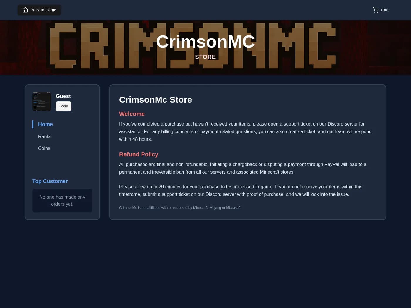 CrimsonMC Minecraft Server Store Website