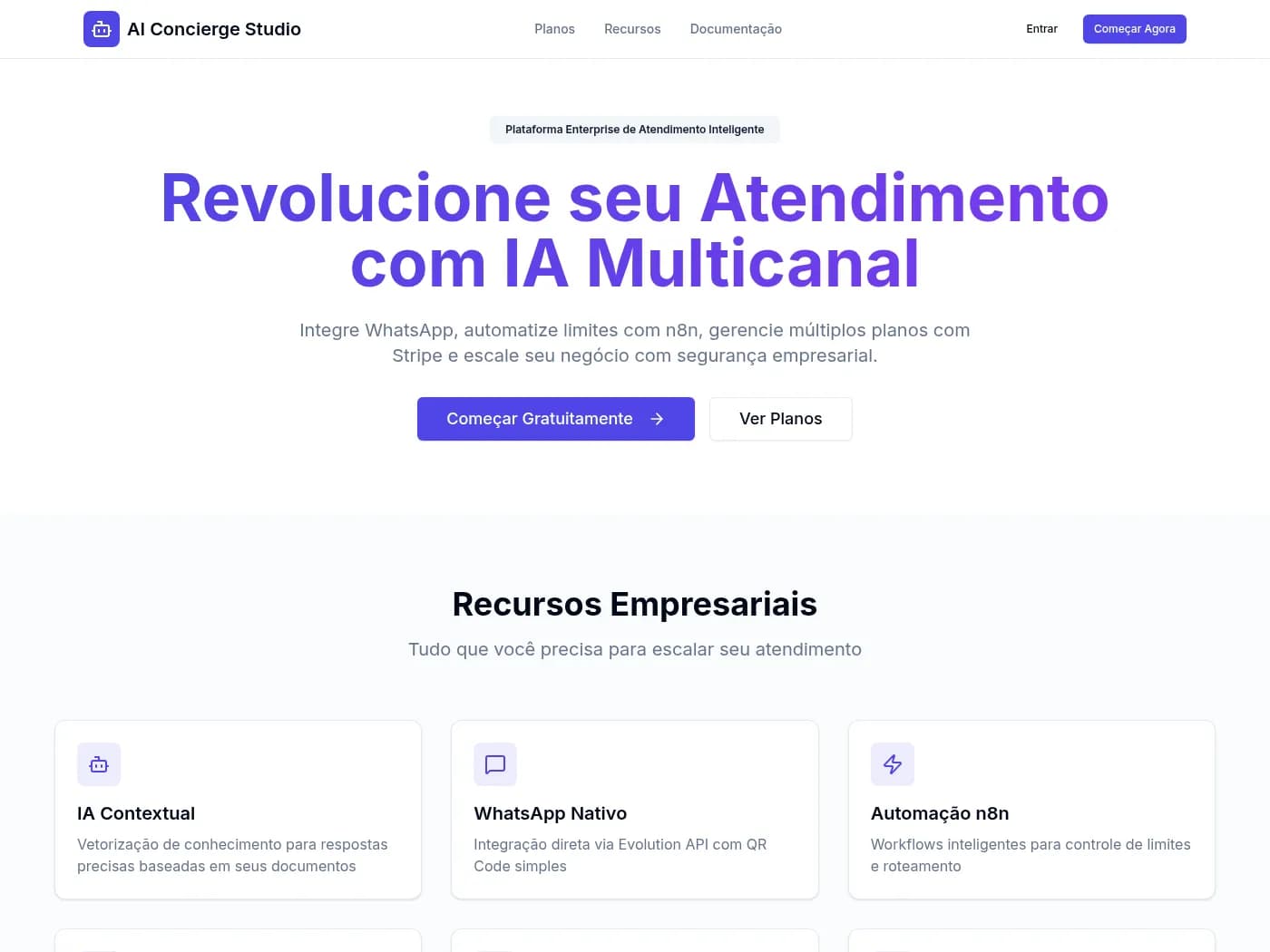 AI Concierge Studio Enterprise: Plataforma Completa de Atendimento Inteligente Multicanal com Gestão Avançada de Planos