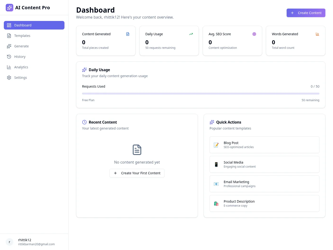 AI Content Generator Pro: Full-Stack Portfolio Web App