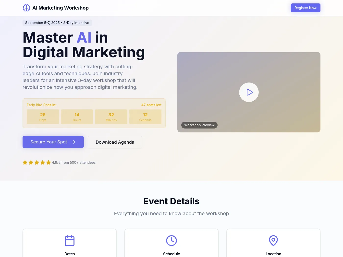 AI in Digital Marketing Workshop Landing Page