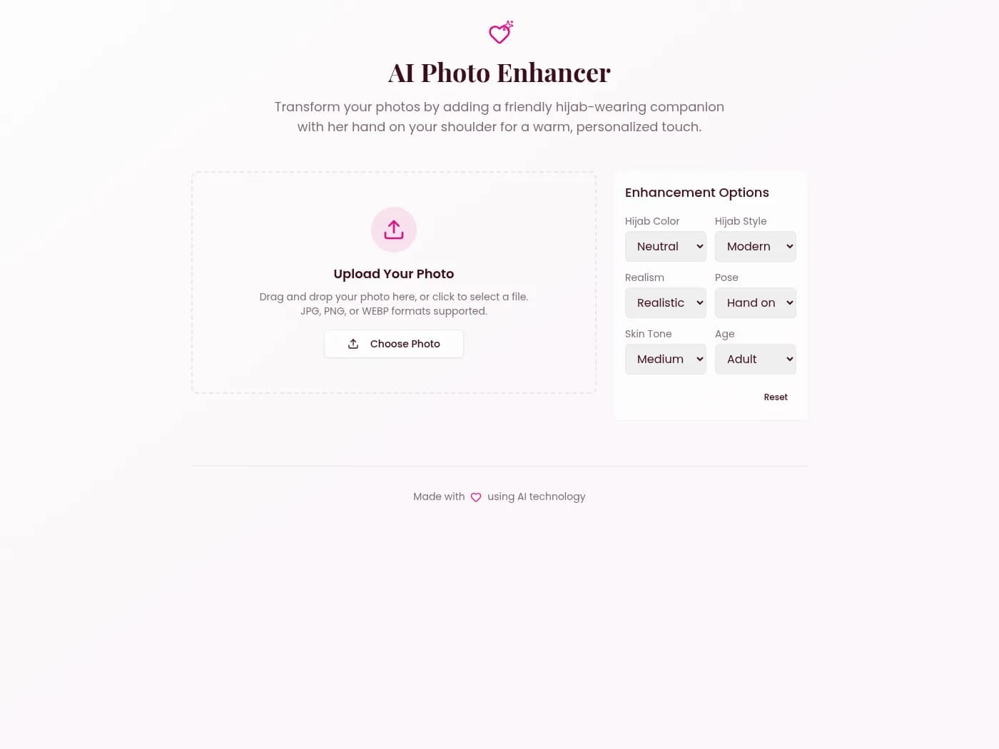 AI Photo Enhancer: Hijab Overlay & Friendly Pose Creator
