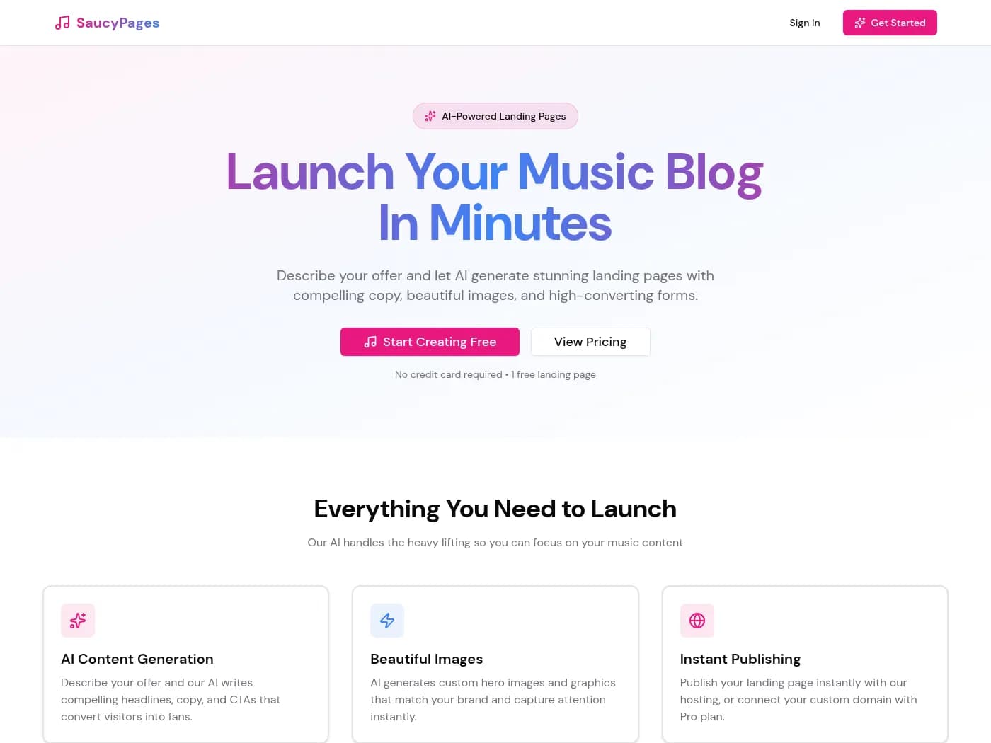 AI Landing Page Builder for Saucy Music Blogs