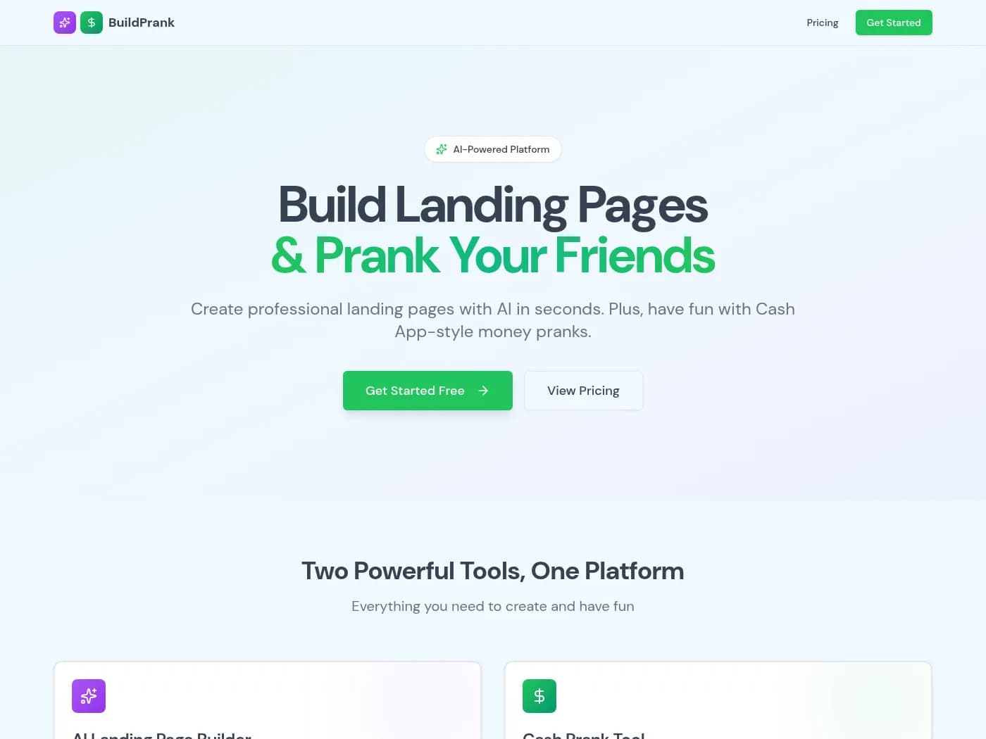 AI-Powered Landing Page Generator & Cash Tag Prank Platform