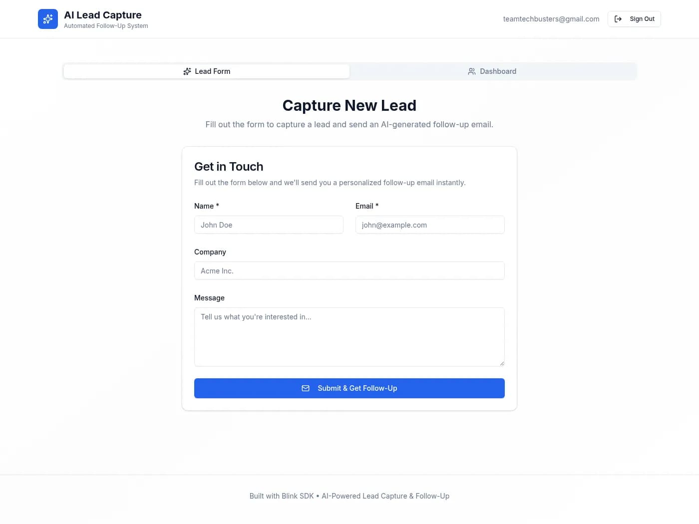 AI-Powered Lead Form with Automated Email Follow-Up