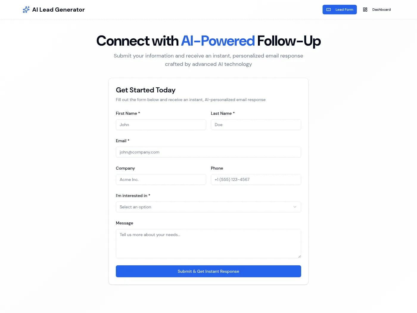 AI-Driven Lead Form with Automated Email Follow-Up