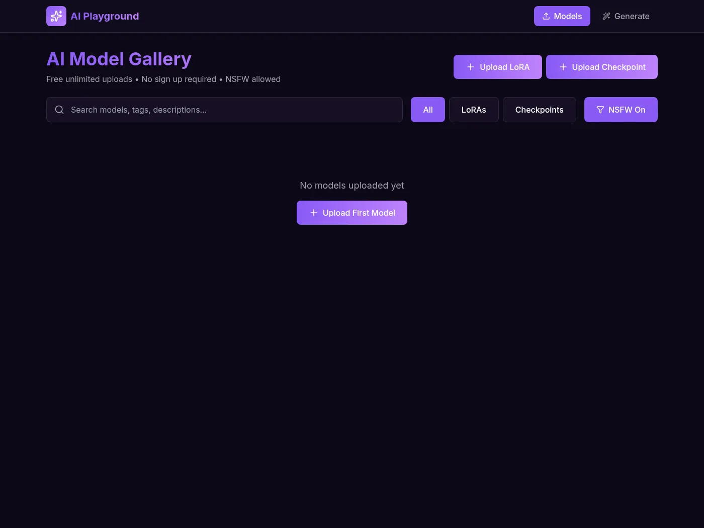 AI Model Playground for LoRAs & Checkpoints with Free Unlimited Uploads