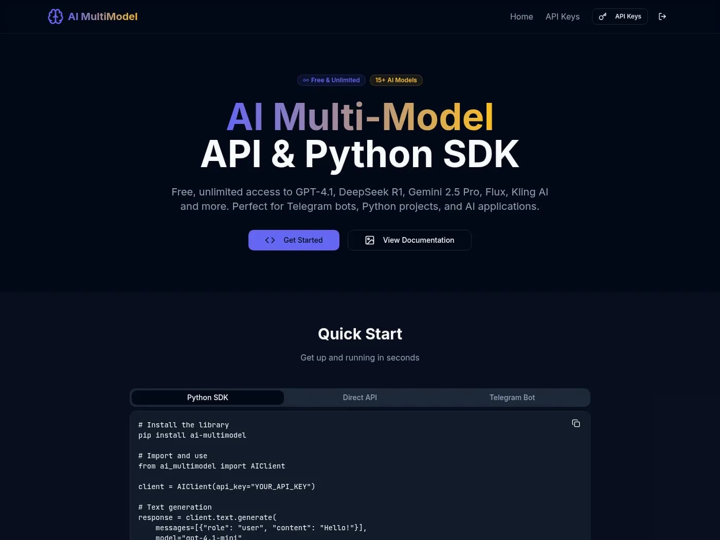 AI Multi-Model API & Python SDK for Bots and Image Generation