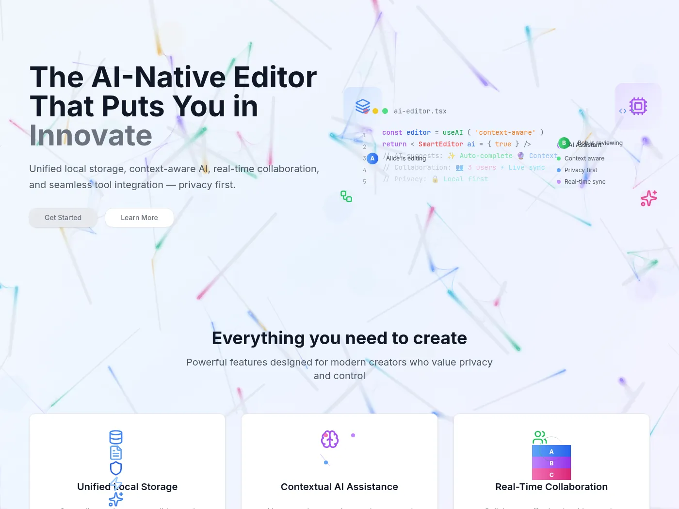 AI-Native Editor Landing Page Component