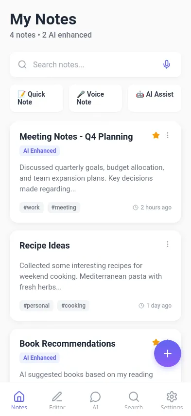 AI Note Mobile App UI