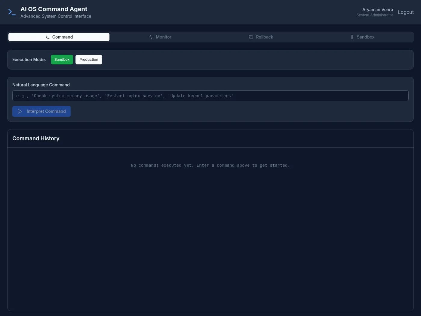 AI OS-Level Command Agent with Rollback & Sandbox