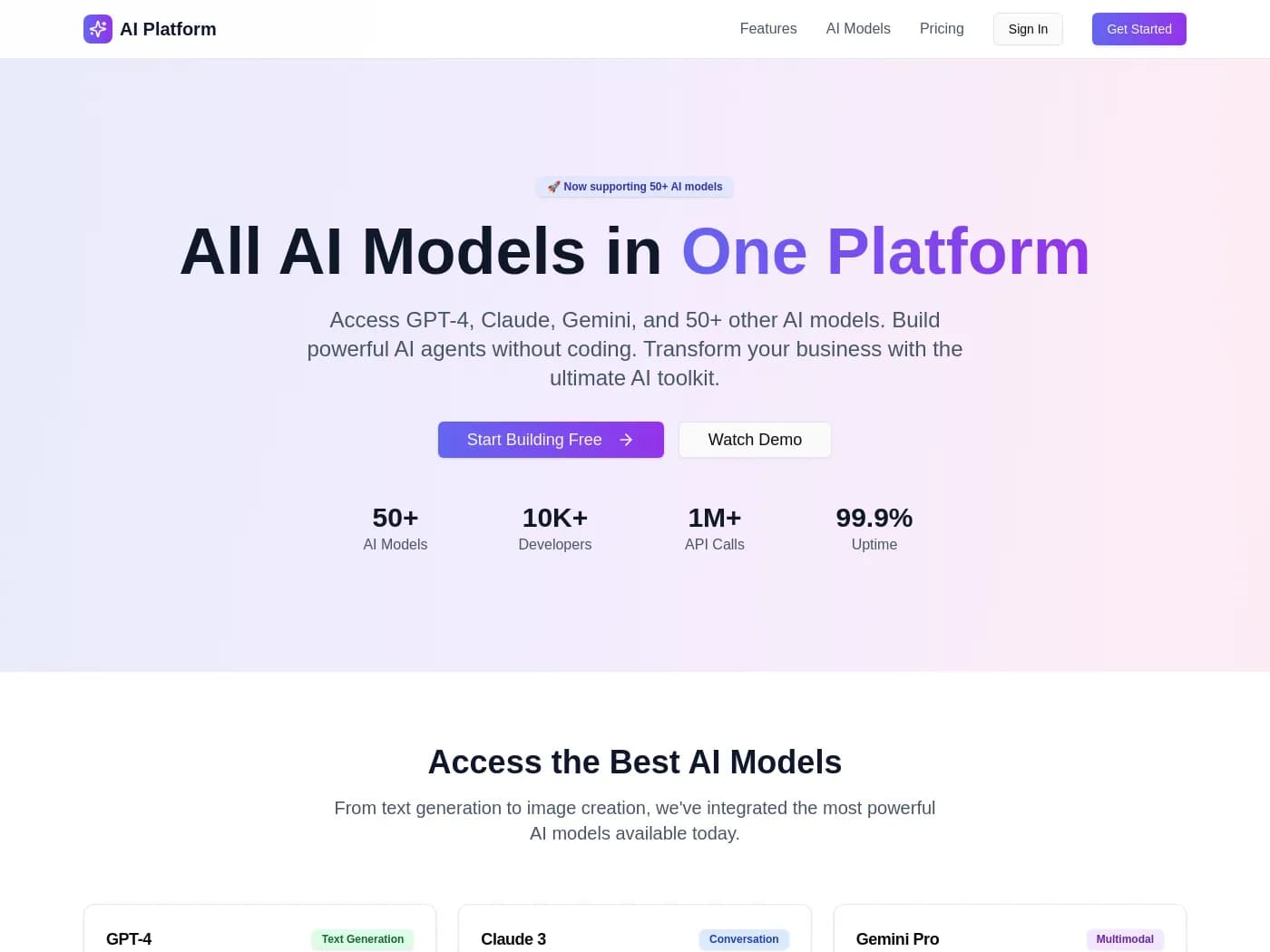 AI Platform Landing Page - All-in-One AI Models & No-Code Agent Builder