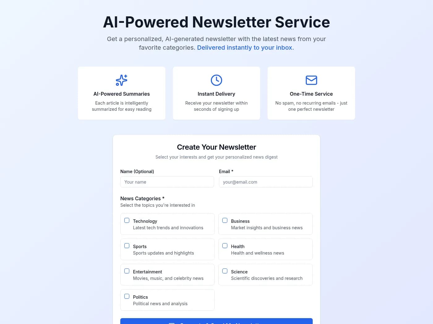 AI-Powered One-Time Personalized Newsletter Service
