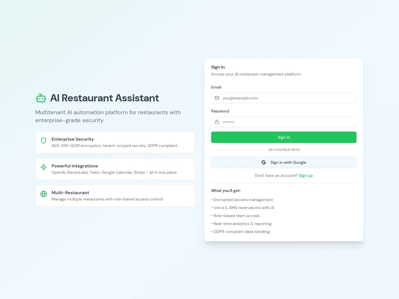 AI Restaurant Assistant – Multitenant AI Automations Platform for Restaurants