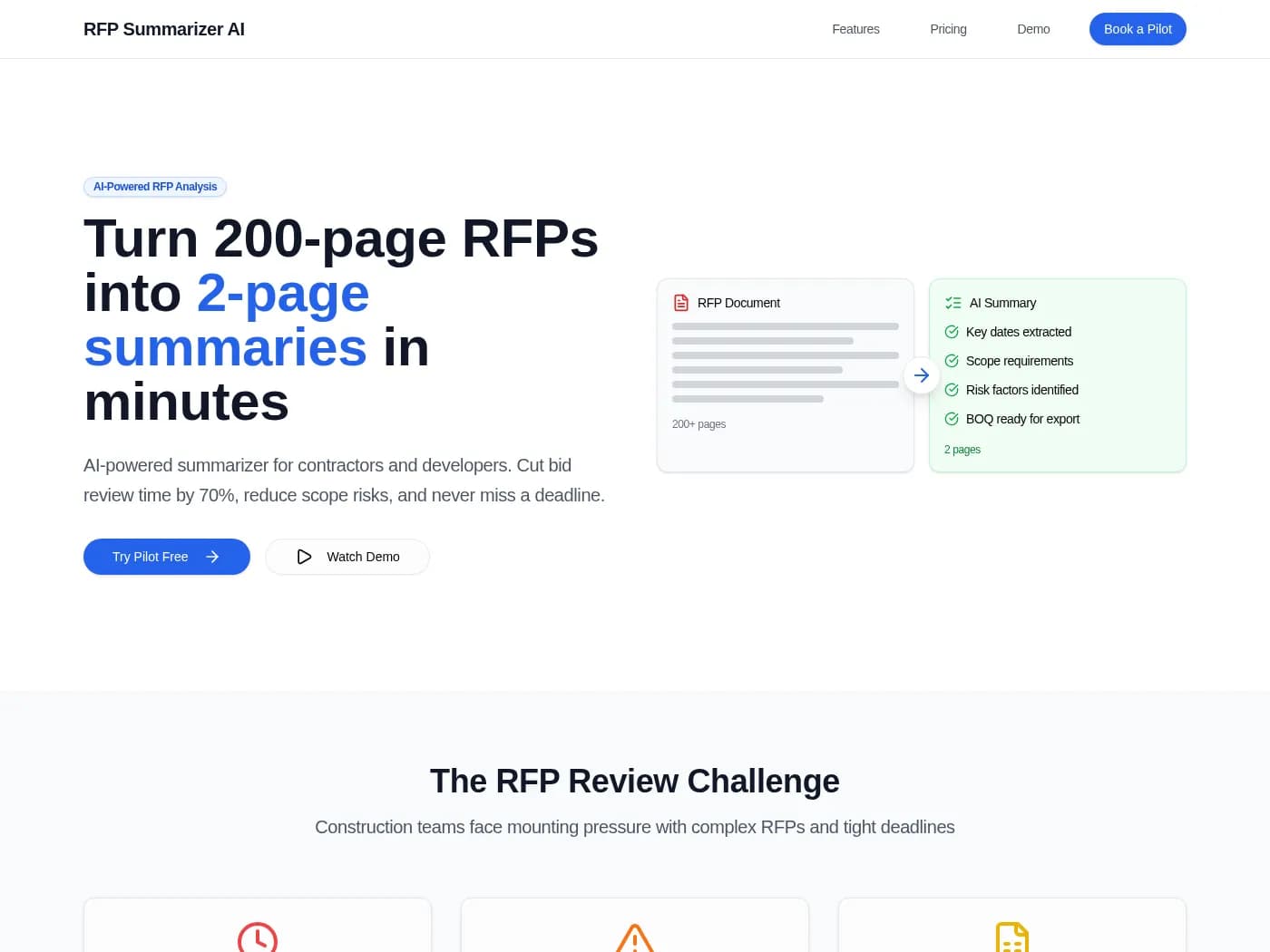 AI RFP/Bid Summarizer Landing Site for Construction & EPC