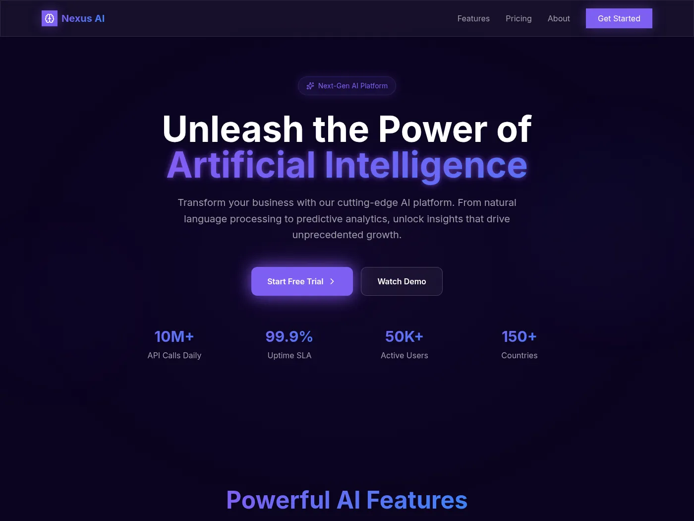 AI SaaS Platform Landing Page with Dark Theme & Glow Effects