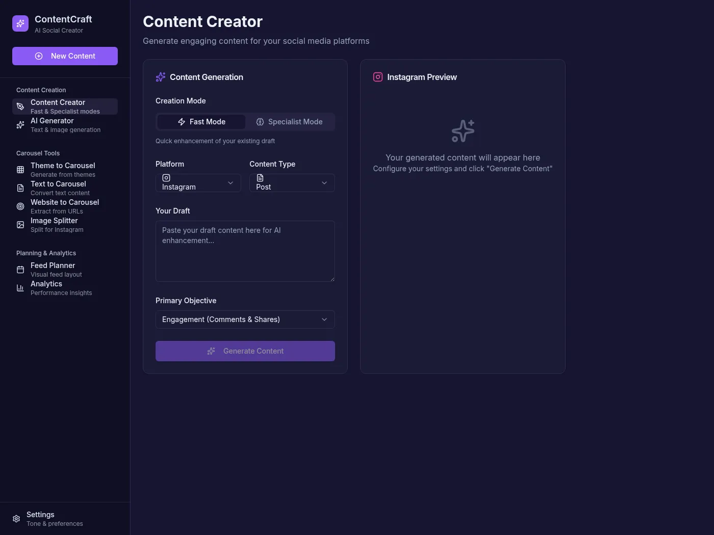 AI-Powered Social Media Content Creation Platform for Instagram & LinkedIn