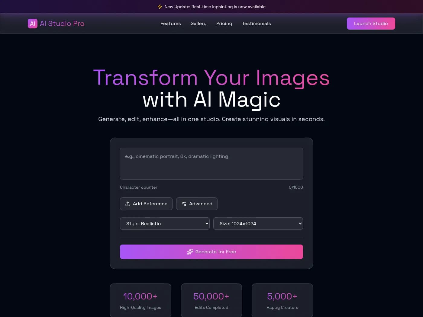 AI Studio Pro — Next-Gen 2-Page AI Image Studio Builder with Perfect Design Match