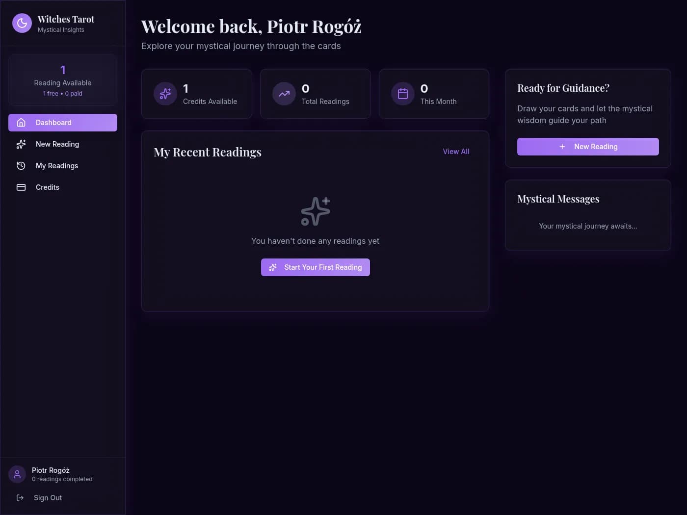 AI Tarot Reading Web App with 'Witches Tarot' Deck and Glassmorphism UI