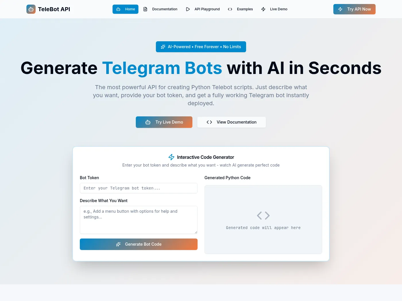 AI-Powered Telegram Telebot Code Generator API
