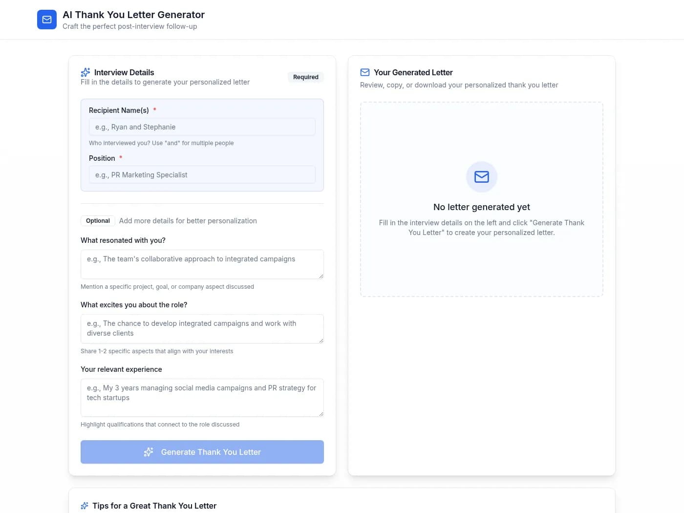 AI-Powered Thank You Letter Generator for Job Interviews