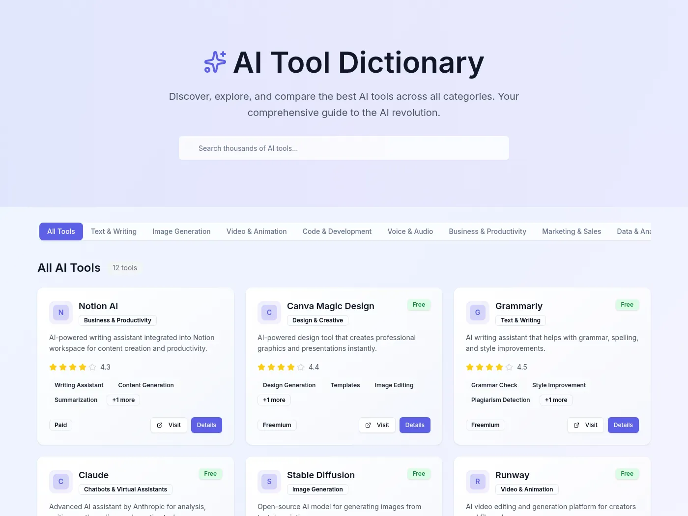AI Tool Dictionary with Categorized Stylish Infocards
