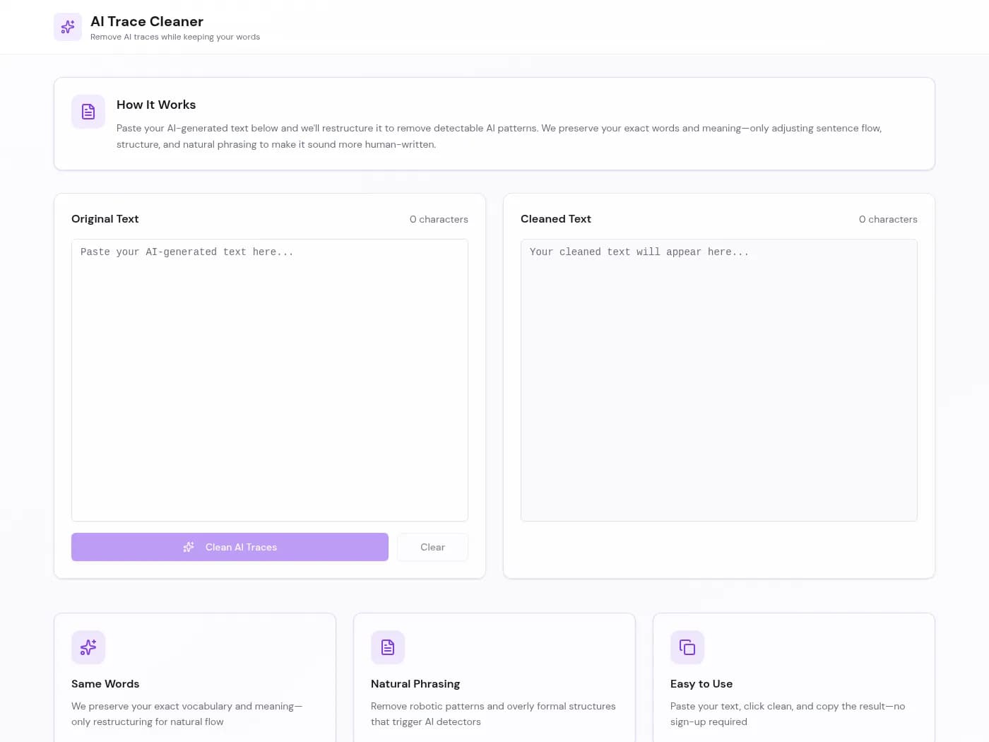 AI Trace Cleaner: Purify AI-Generated Texts Without Changing Words