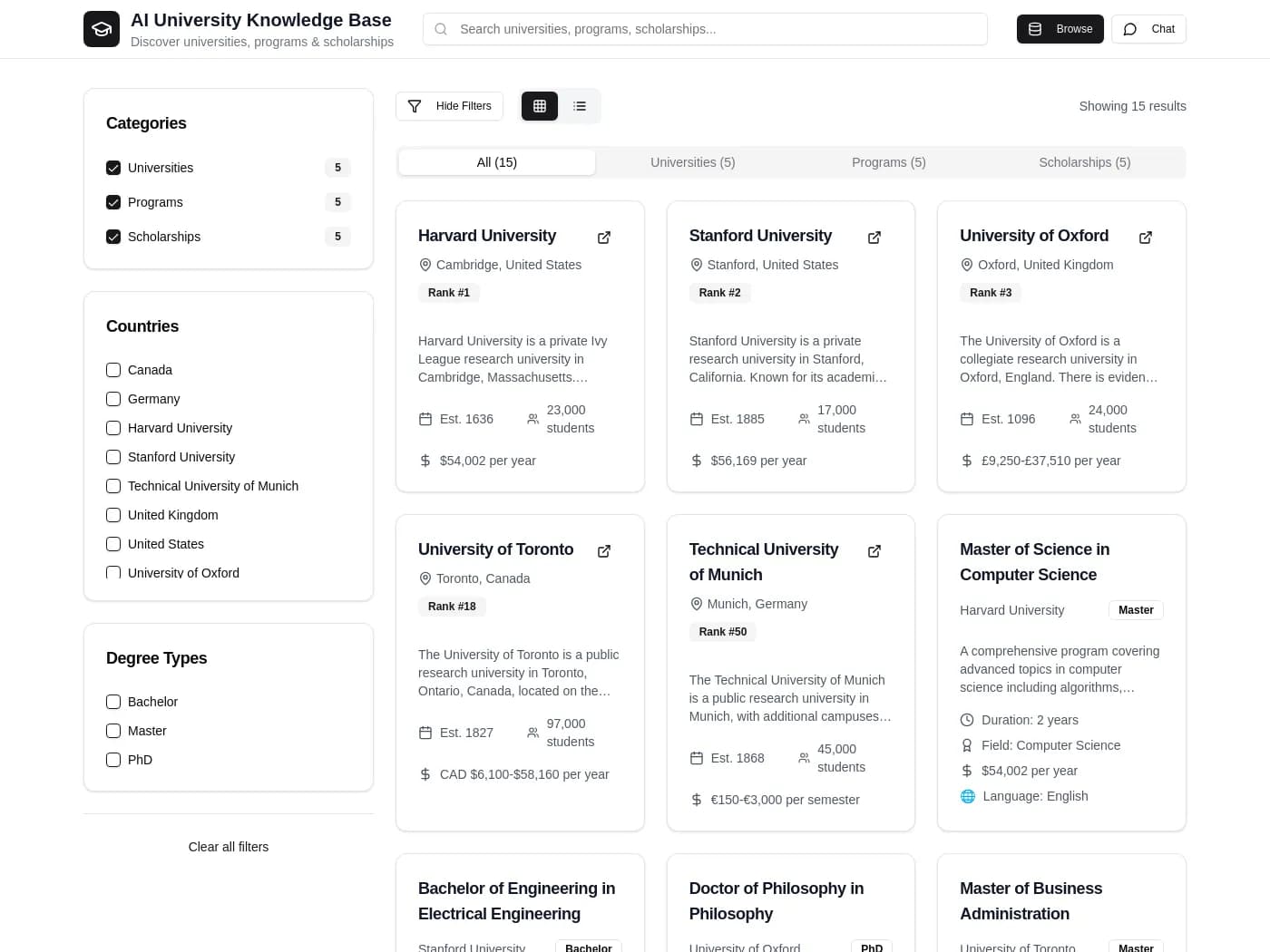 AI University Knowledge Base with Chatbot