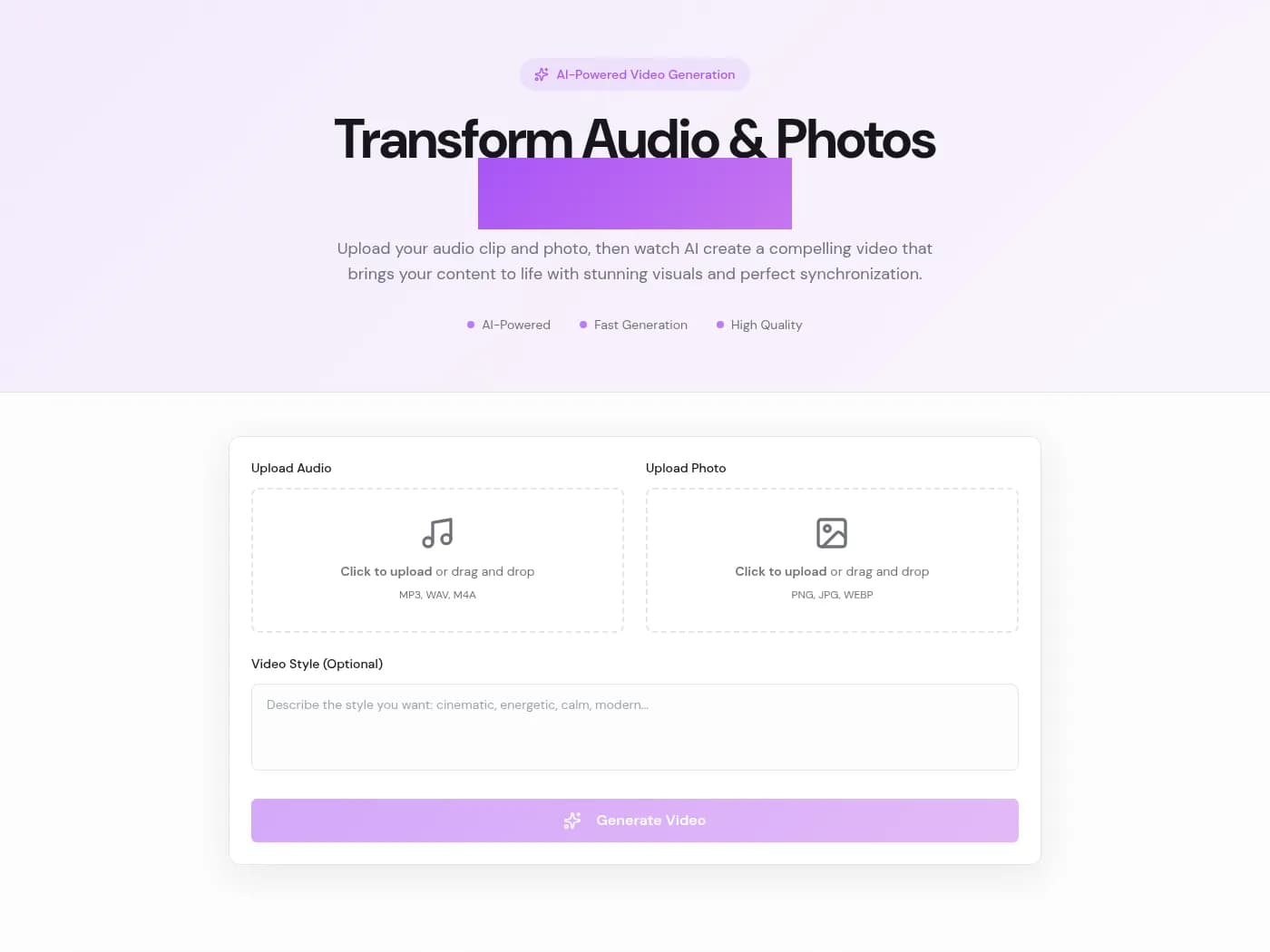 Audio & Photo to AI-Generated Video Converter