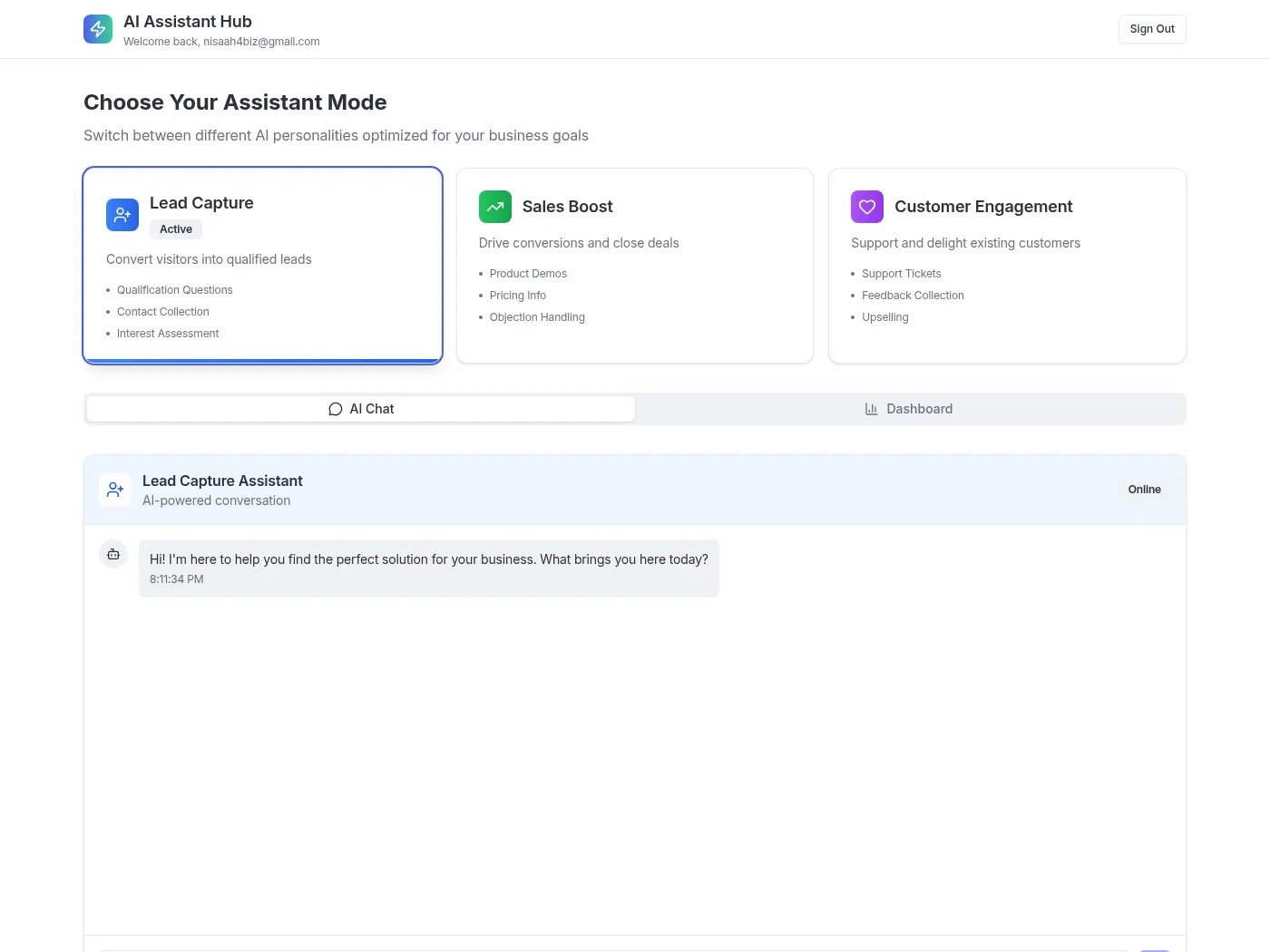 AI Virtual Assistant Hub with Mode Switcher