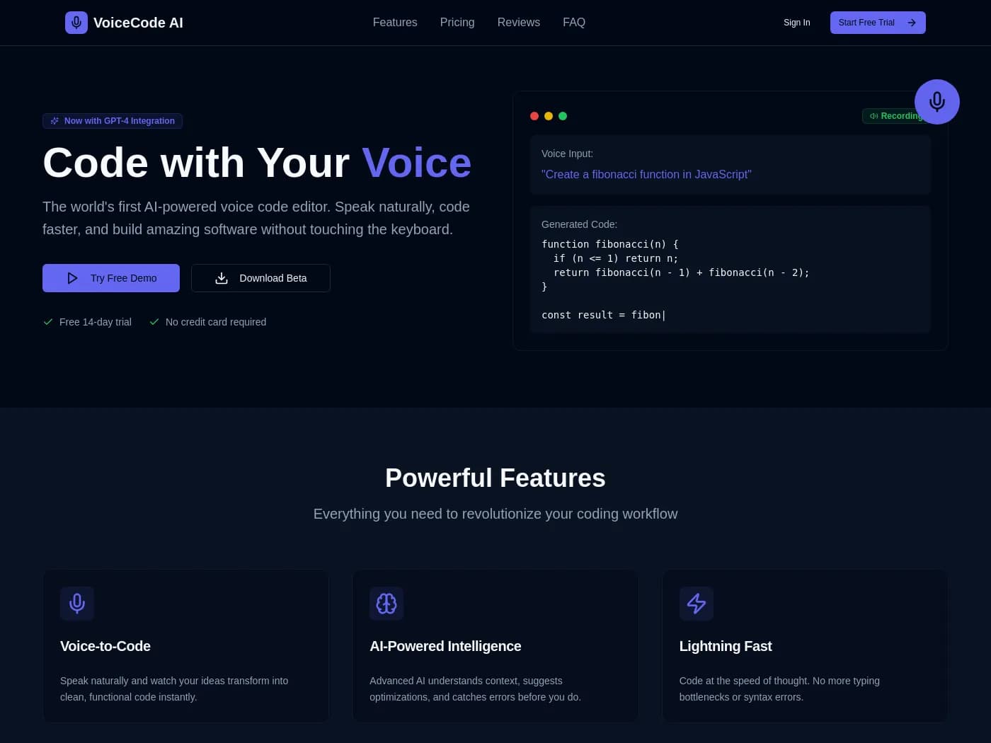 AI Voice Code Editor Landing Page