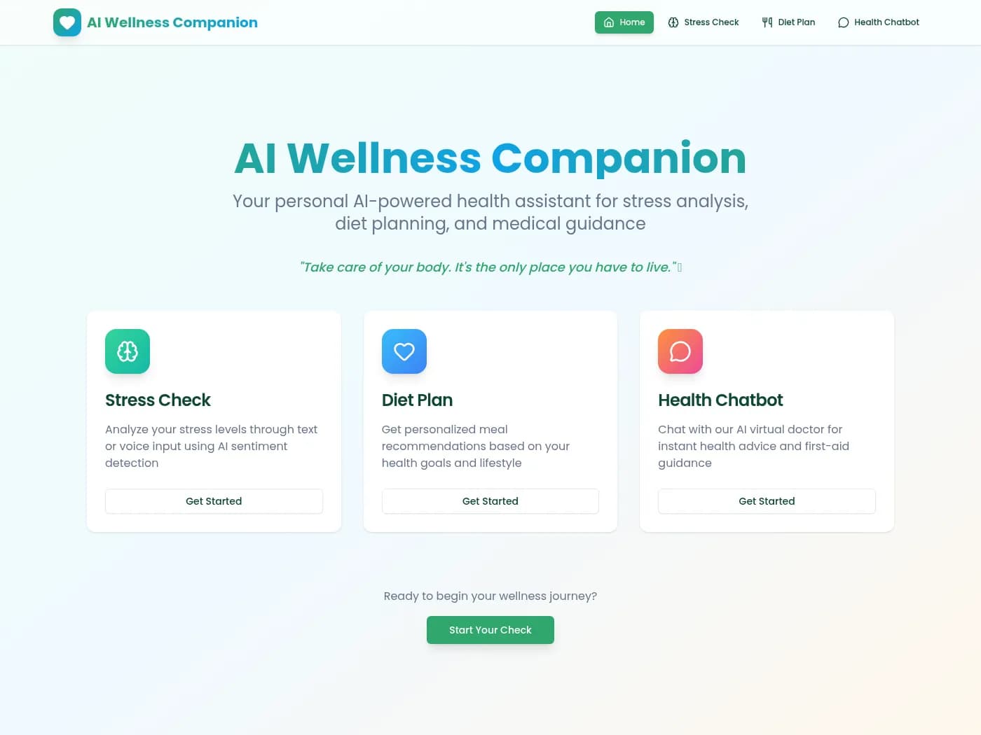 AI Wellness Companion: An Interactive Web App for Stress Analysis, Diet Planning, and AI Health Chatbot