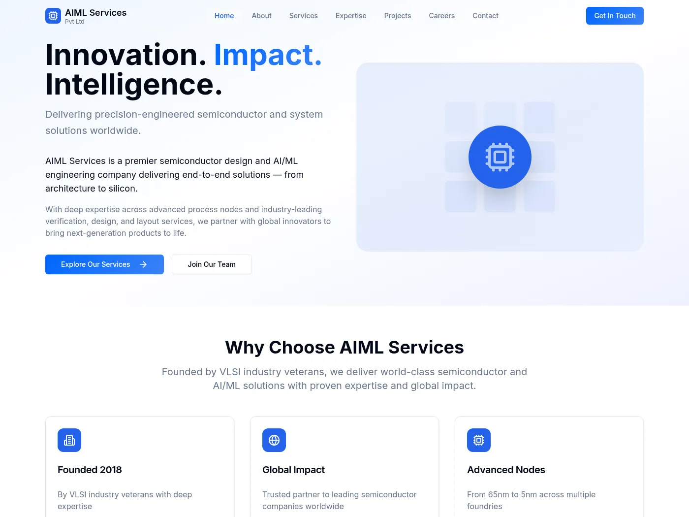 AIML Services Pvt Ltd Corporate Website – Next-Gen Semiconductor & AI/ML Solutions