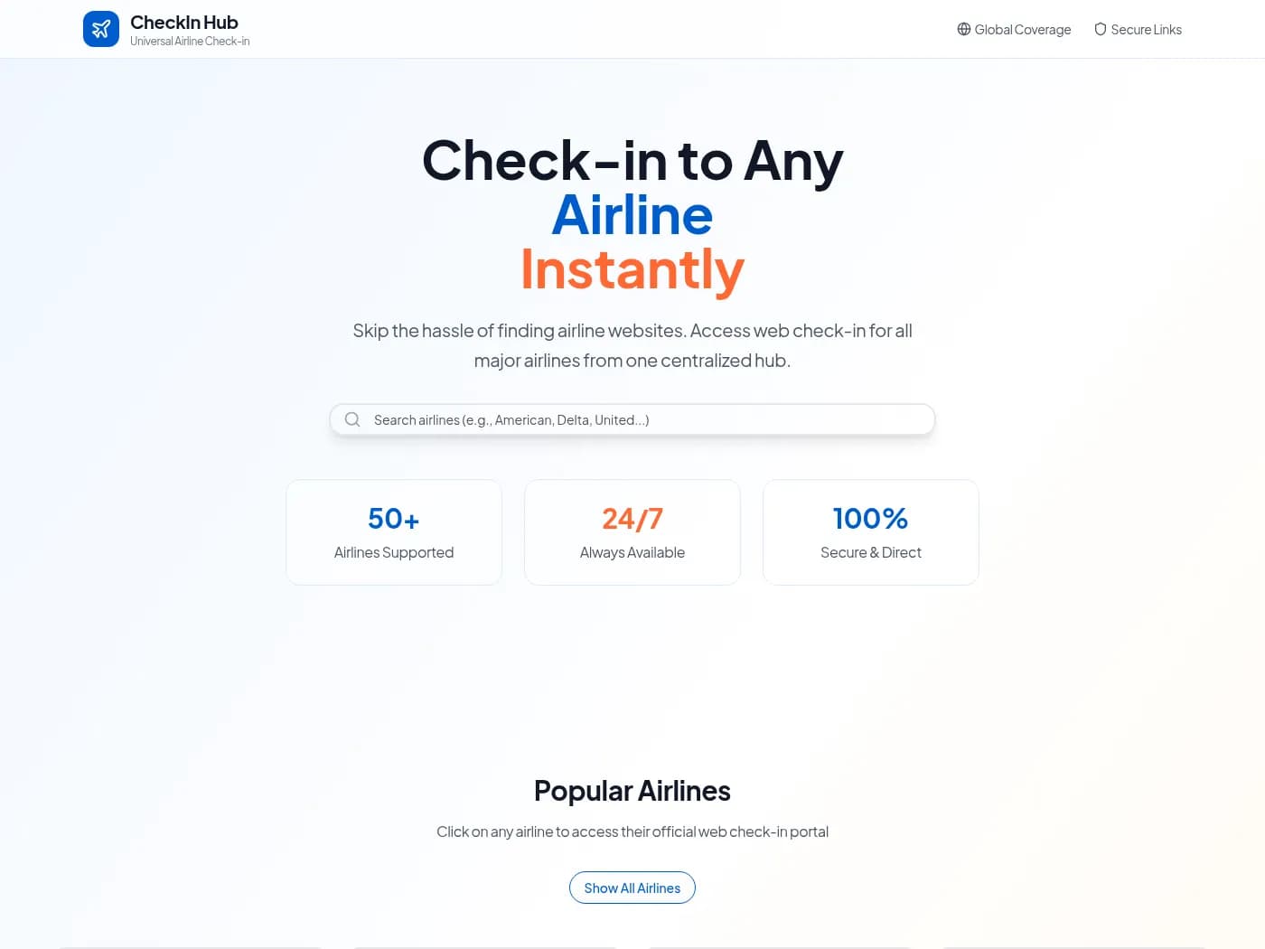 Universal Airline Web Check-in Landing Page