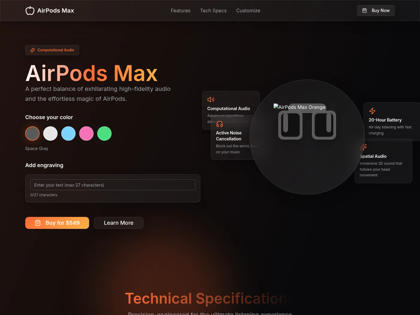 AirPods Max Futuristic Landing Page UI