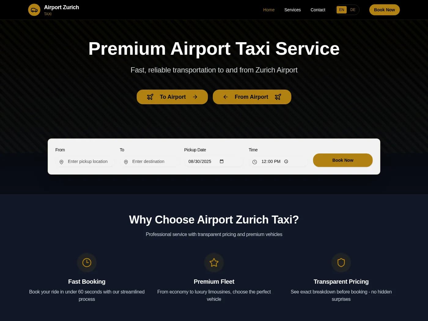 Airport Zurich Taxi Booking UI (EN/DE, Gold/Black Taxi Theme)