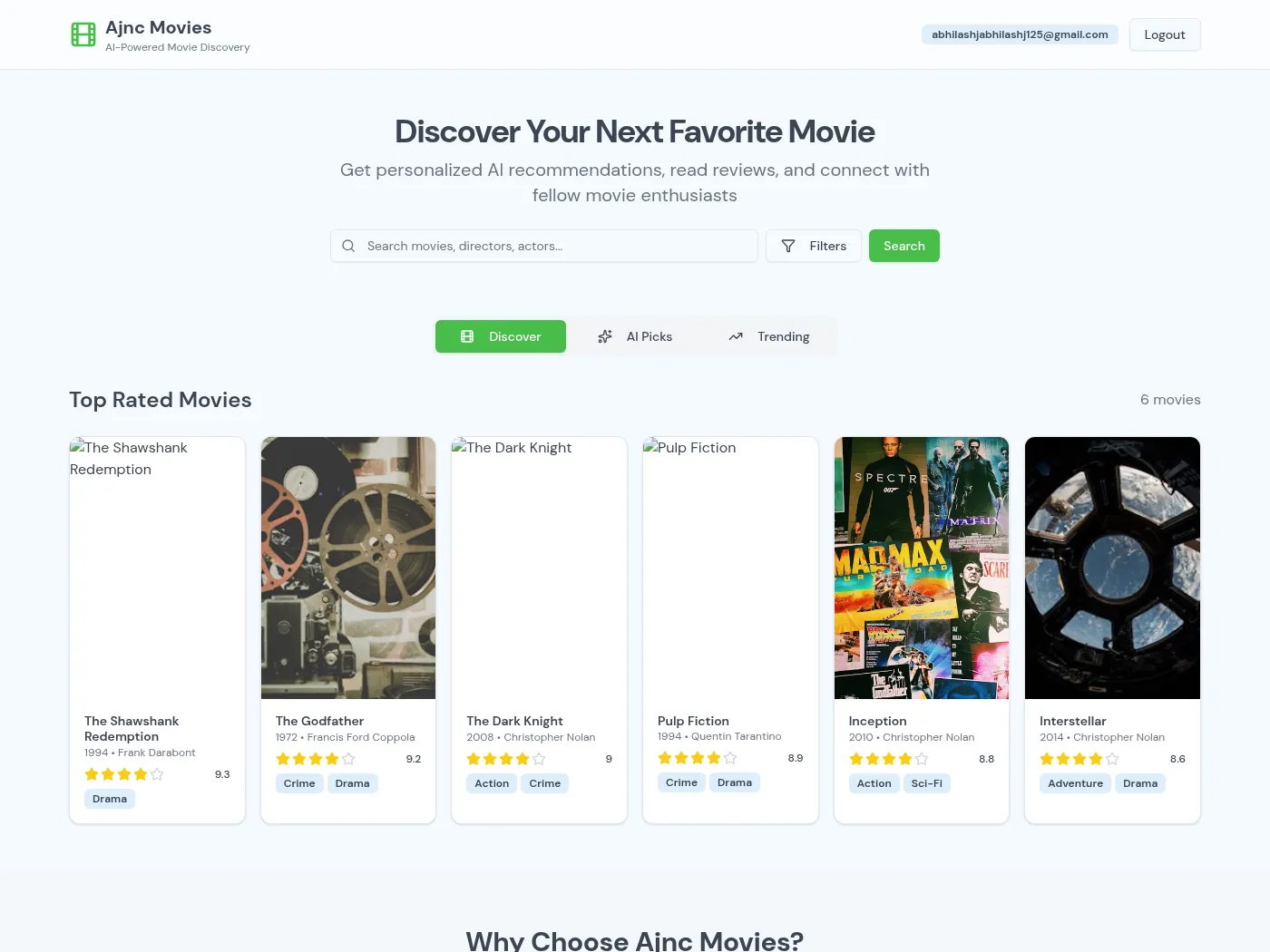 Ajnc AI Movie Recommendations & Social Reviews Platform