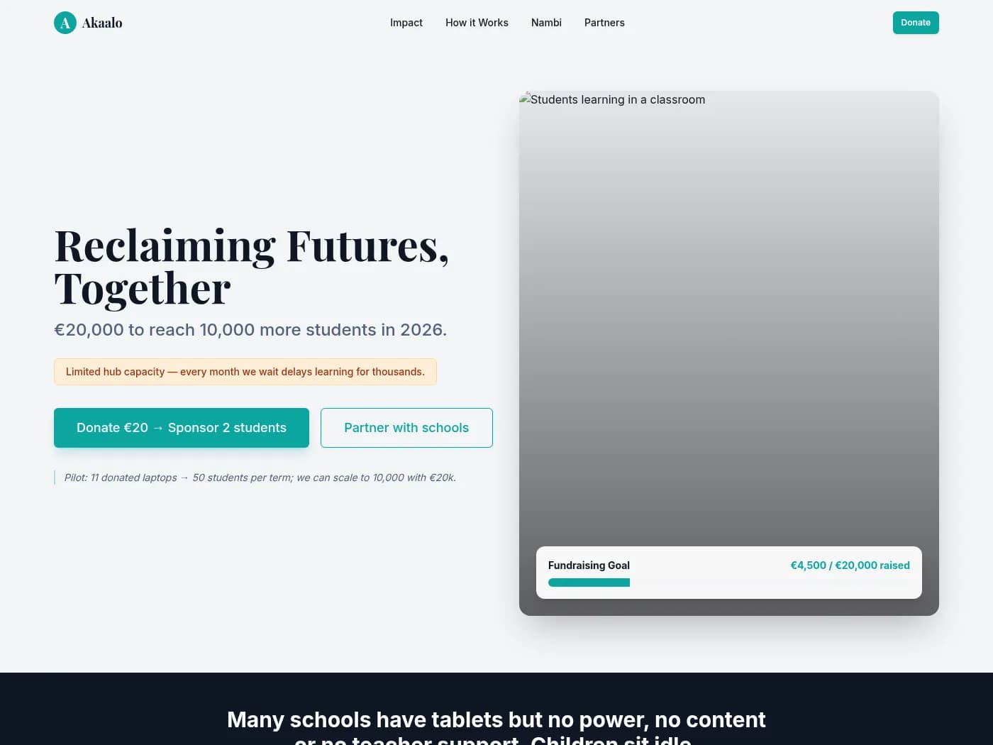 Akaalo Initiative Mobile-First Landing Site — Urgent, Transparent Giving for Scalable Education Impact