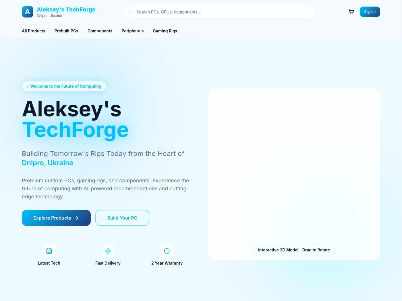 Aleksey's TechForge – Futuristic Ukrainian E-Commerce for Custom PCs & Components