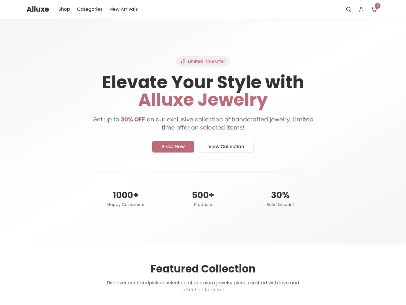 Alluxe E-commerce UI/UX Redesign with Minimalist White & Rose Gold Theme
