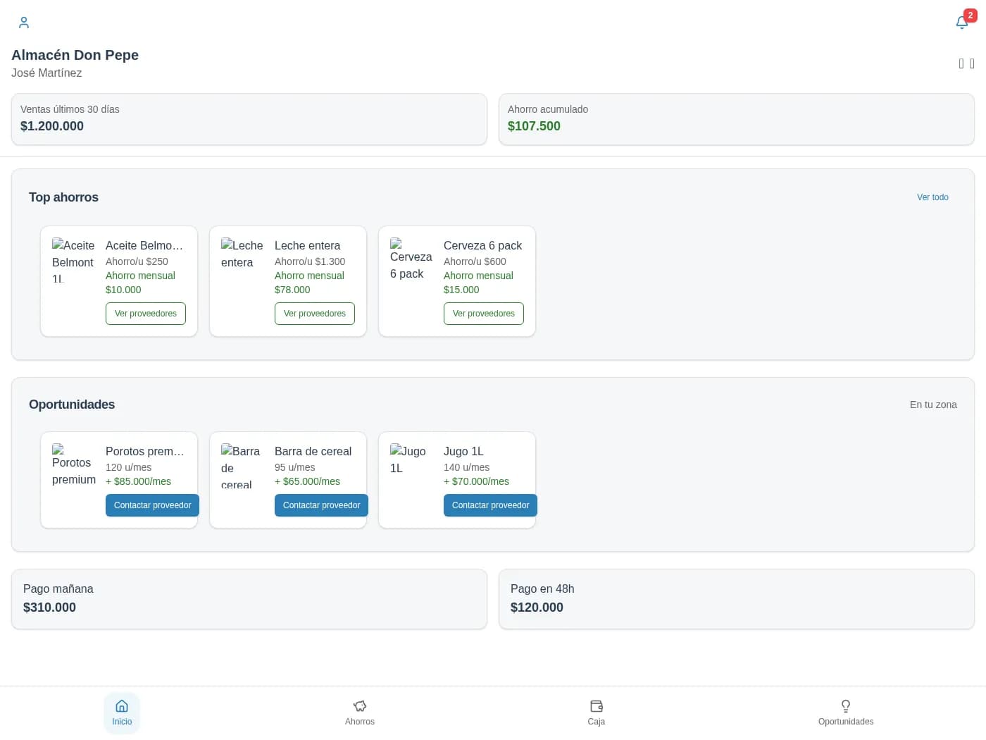 Almacenero Platform UI Mockup (Web, Mobile-First, React + TS)