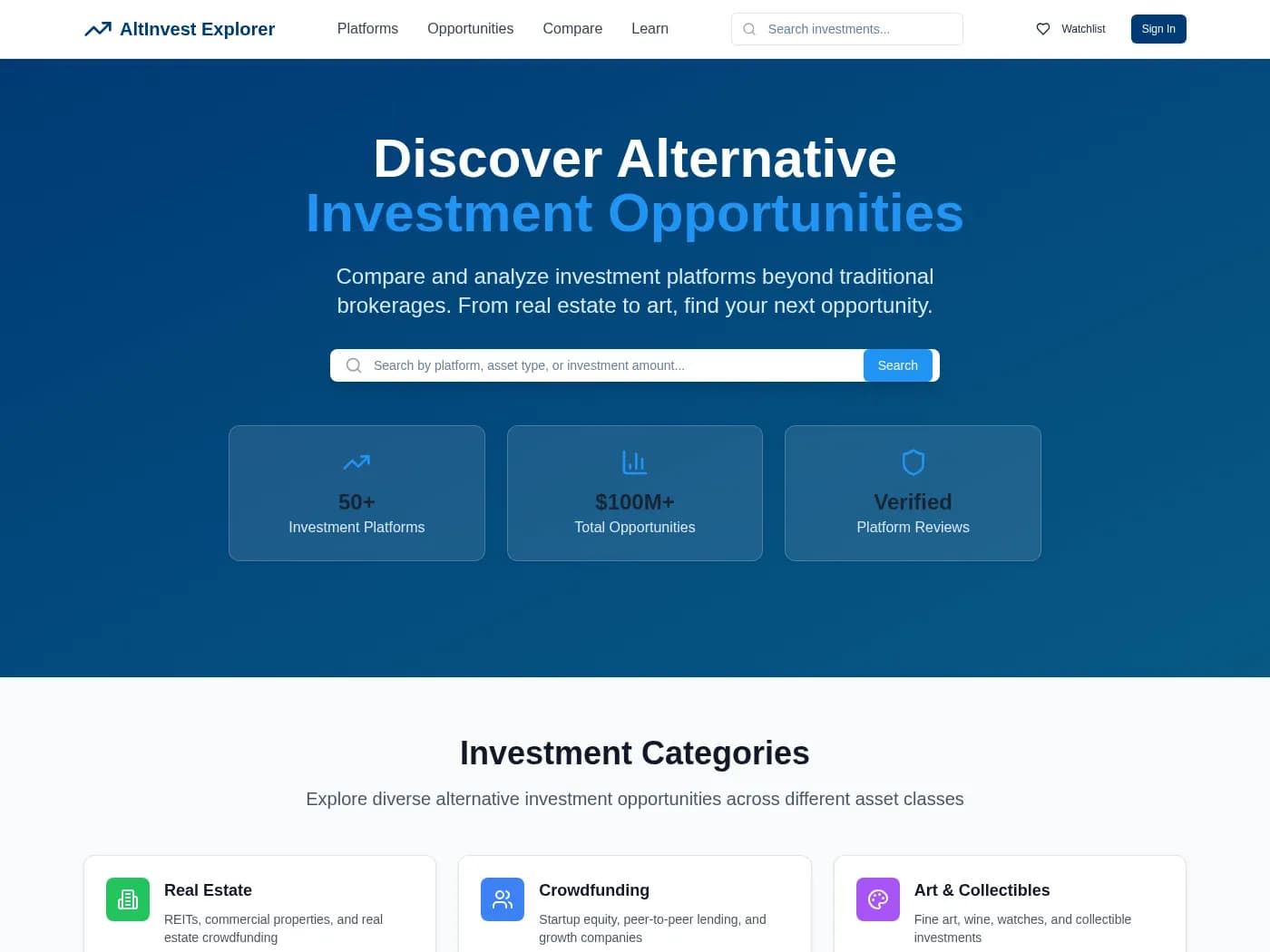 AltInvest Explorer: Alternative Investment Comparison Platform